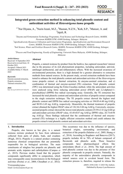 Pdf Integrated Green Extraction Method In Enhancing Total Phenolic Content And Antioxidant
