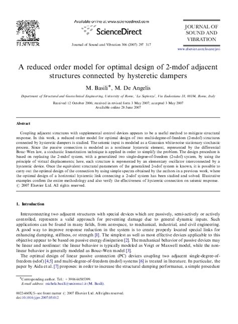 Pdf A Reduced Order Model For Optimal Design Of 2 Mdof Adjacent Structures Connected By