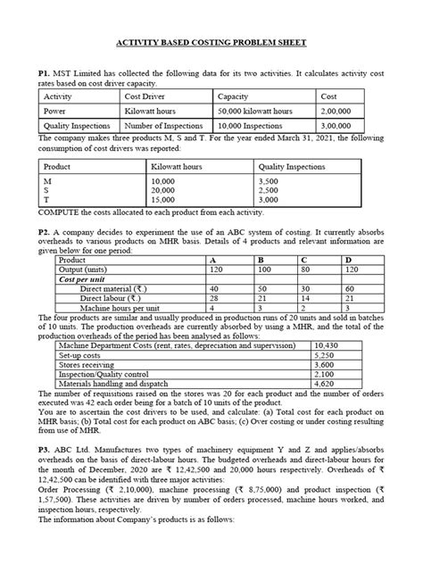 Activity Based Costing Problem Sheet Pdf Business Economics Economies