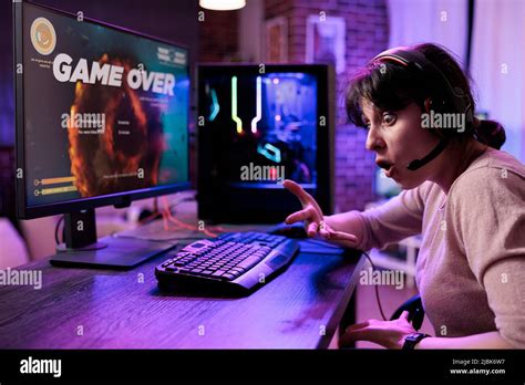 Frustrated Woman Losing Video Games Tournament On Pc Feeling Sad About Lost Shooting Gameplay