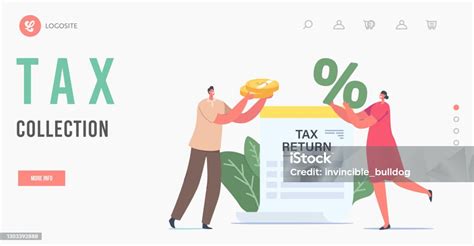 세금 징수 방문 페이지 템플릿 작은 문자는 세금 환급 문서에서 거대한 황금 동전과 퍼센트 기호를 보유 세금에 대한 스톡 벡터 아트 및 기타 이미지 Istock
