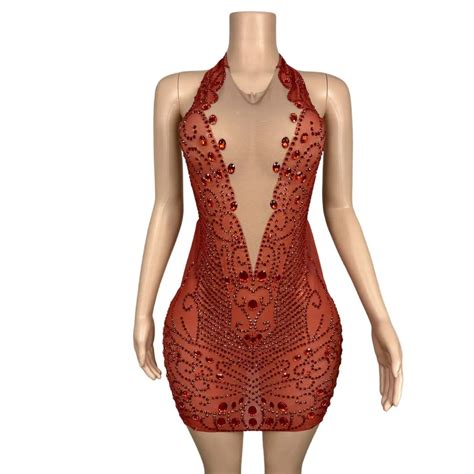 Red Diamonds Dresses Sexy See Through Backless Mini Sheath Dress Even