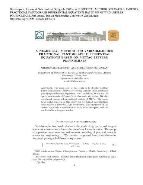 Pdf A Numerical Method For Variable Order Fractional Pantograph Differential Equations Based