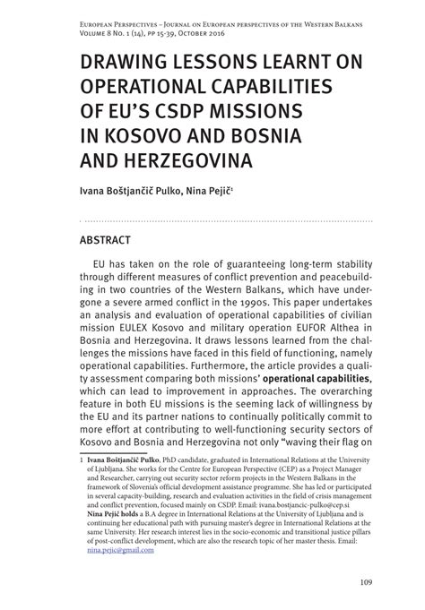 Pdf Drawing Lessons Learnt On Operational Capabilities Of Eus Csdp Missions In Kosovo And