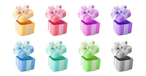 흰색 배경에 분리된 파스텔 리본 활이 있는 3d 색상 개방형 선물 상자 3d 렌더링 비행 현대 휴일 깜짝 상자를 엽니다 현재 생일 또는 결혼 배너에 대한 현실적인 벡터