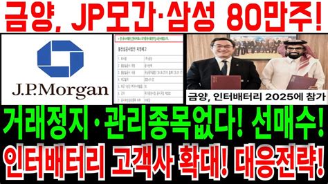 금양 주가전망 🚨속보🚨jp모간·삼성 80만주 매수 거래정지·관리종목 없다 공시전 선매수 인터배터리 2025 고객사 확대 대호재 뜬다 대응전략 이렇게 하세요