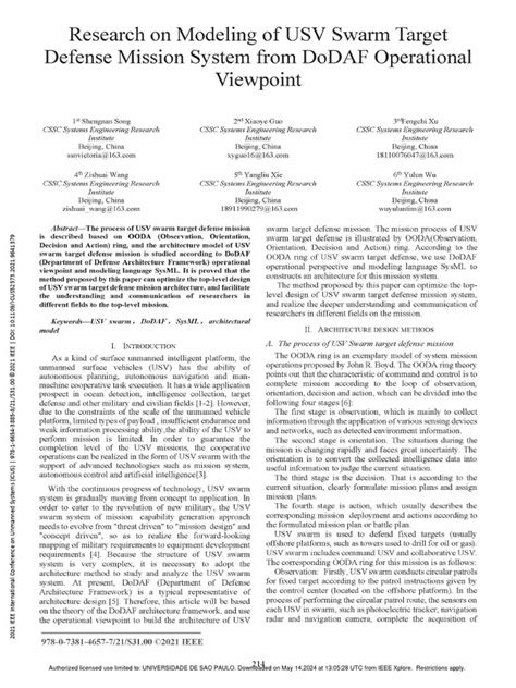 Research On Modeling Of Usv Swarm Target Defense Mission System From Dodaf Operational Viewpoint