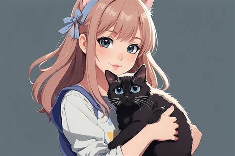 Premium Photo Cute Anime Girl Holding A Cat In Her Arms