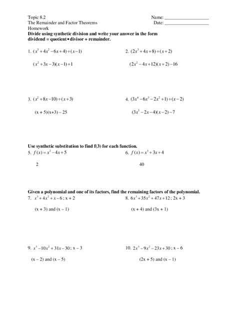 Fillable Online Divide Using Synthetic Division And Write Your Answer