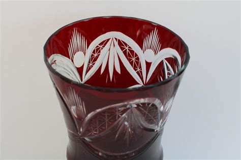 Ruby Red Cut To Clear Vase Vintage Hand Cut Bohemian Crystal Art Glass