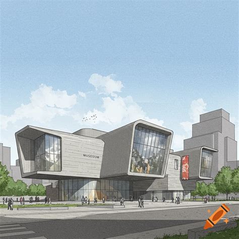 Architectural Sketch Of A Modern Museum Building With Curved Sections And People Walking Outside