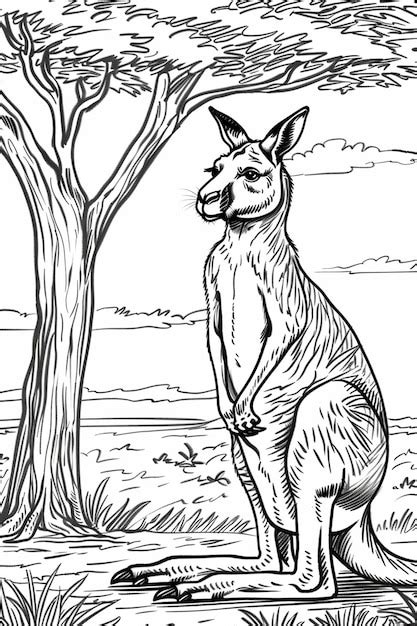 Kangaroo Under A Simple Tree Natural Scene Coloring Page Premium AI Generated Image