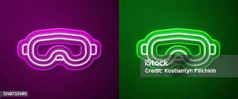 보라색과 녹색 배경에 고립 된 빛나는 네온 라인 스키 고글 아이콘 익스트림 스포츠 스포츠 장비 벡터 일러스트레이션 겨울에 대한