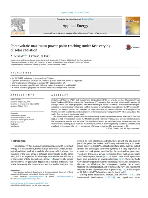 Photovoltaic Maximum Power Point Tracking Under Fast Varying Of Solar Radiation Pdf