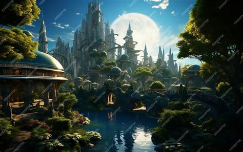 Premium Ai Image Tree Filled Utopian City Futuristic Generative Ai