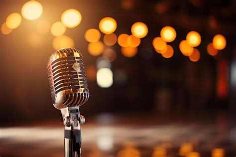 배경에 조명이 있는 무대 위의 마이크 프리미엄 사진