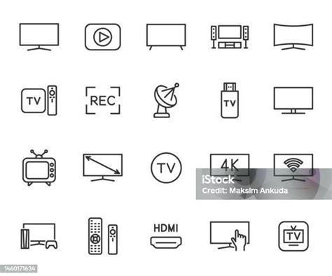 Tv 라인 아이콘의 벡터 세트입니다 아이콘 셋톱 박스 위성 접시 리모컨 화면 녹화 홈 시네마 Hdmi 등이 포함되어 있습니다