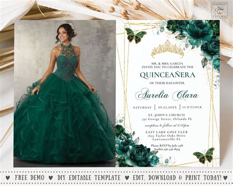 Emerald Green Floral Butterflies Quinceañera Photo Invitation Etsy