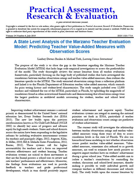 A State Level Analysis Of The Marzano Teacher Evaluation Model The