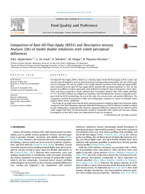 Pdf Comparison Of Rate All That Apply Rata And Descriptive Analysis Da For The Sensory