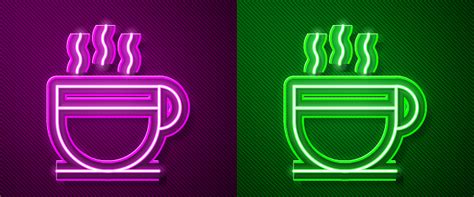 보라색과 녹색 배경에 고립 된 빛나는 네온 라인 커피 컵 아이콘 차 컵 뜨거운 음료 커피 벡터 일러스트레이션 경영자에 대한 스톡 벡터 아트 및 기타 이미지 Istock