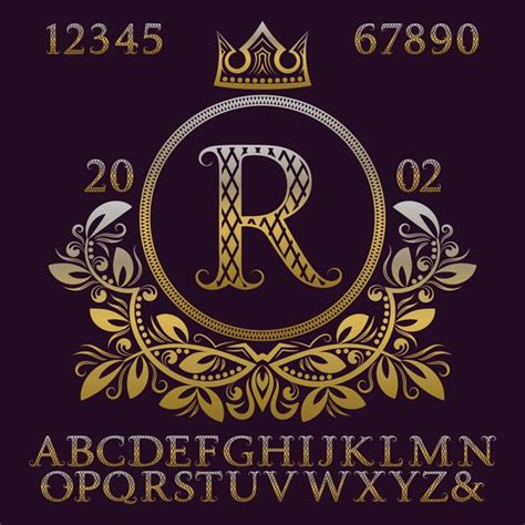 حروف و اعداد طرح دار طلایی با مونوگرام اولیه به صورت نشان کیت فونت و