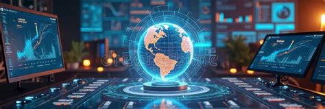 futuristic global data analysis hub with holographic earth and digital