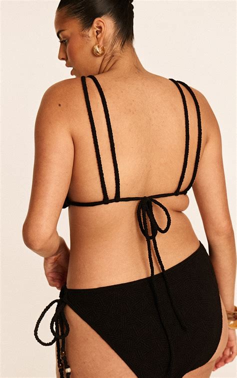Plus Black Textured Bead Trim Triangle Bikini Top Plus Size Plt Qa