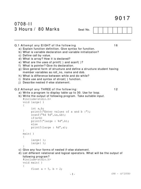 Cpr Msbte Summer 2008 Pdf C Programming Language Pointer Computer Programming