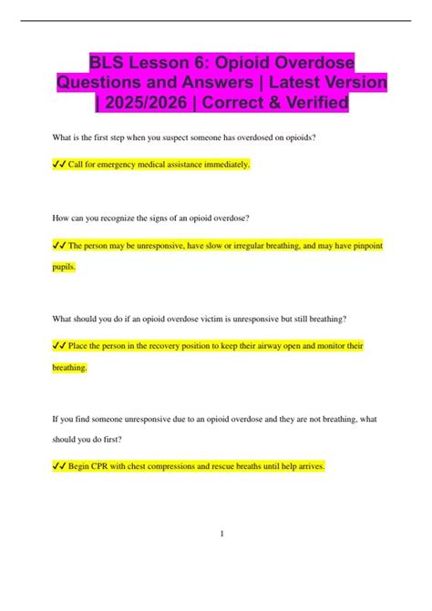 Bls Lesson 6 Opioid Overdose Questions And Answers Latest Version 2025 2026 Correct