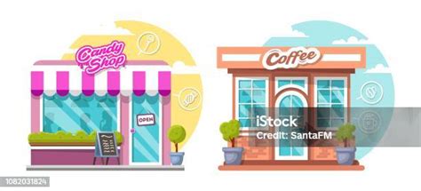 사탕이 게와 커피 하우스 개념 상점 및 다른 인테리어 디자인 플랫 디자인 도시 공공 건물 사탕 가게에 대한 스톡 벡터 아트 및 기타 이미지 사탕 가게 건물 외관 창문