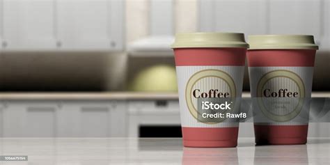 커피 컵 오렌지 모호한 부엌 배경에서 나무 카운터에 뚜껑 2 공간 3d 그림을 복사합니다 0명에 대한 스톡 사진 및 기타 이미지 Istock