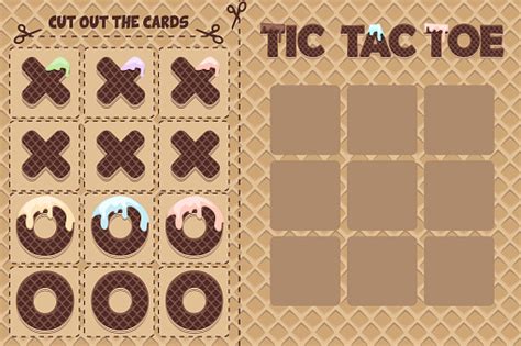 보드 게임 Tic Tac Toe 와플 테마 벡터 만화 전략 게임 Noughts 및 Crosses 스위트 보드 로직 게임 인쇄하고 카드를 자르고 플레이하세요 0에 대한 스톡
