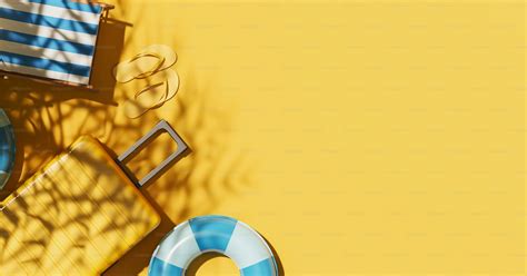 여름 휴가를 위한 휴가 아이템의 탑 뷰 노란색 배경에 해변 액세서리 휴식과 여행의 개념 모형 복사 공간 3d 렌더링 사진 Unsplash의 바닷가 이미지