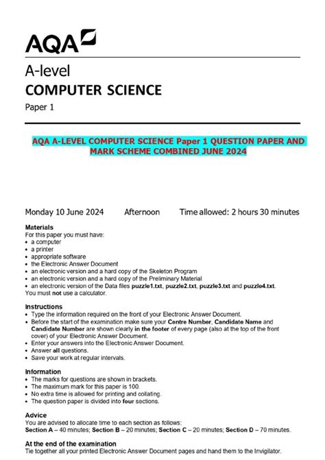Aqa A Level Computer Science Paper 1 Question Paper And Mark Scheme Combined June 2024 Aqa