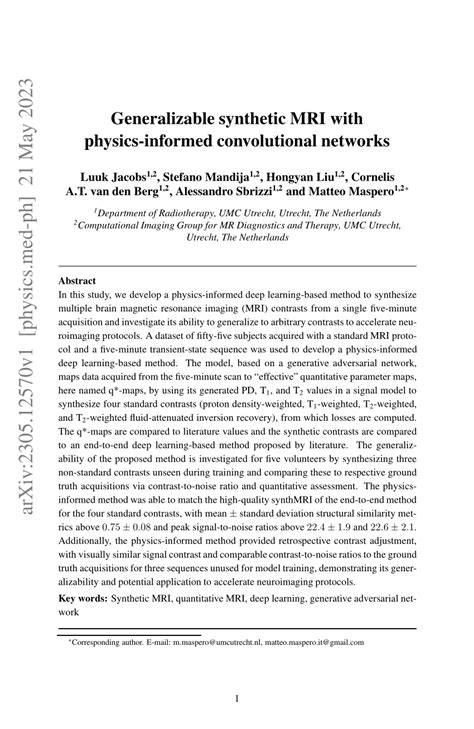 Pdf Generalizable Synthetic Mri With Physics Informed Convolutional Networks