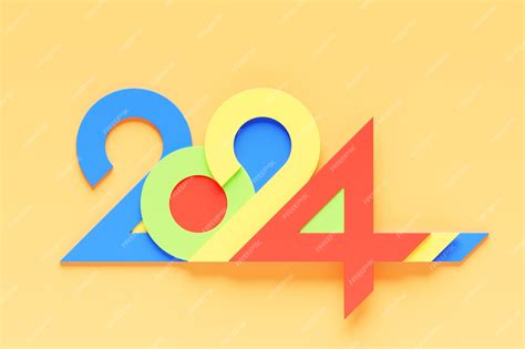 비즈니스 디자인 브로셔 카드 배너 엽서 3d 일러스트레이션을 위한 전단 포스터 표지판을 위한 새해 축하 공과 함께 노란색 배경에 3d 숫자가 있는 2024 서예 프리미엄 사진