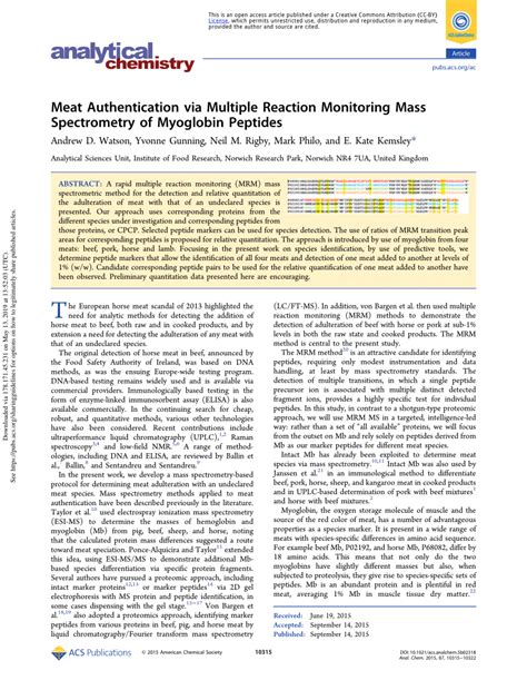 Pdf Rapid Meat Authentication Via Mrm Mass Spectrometry Of Myoglobin