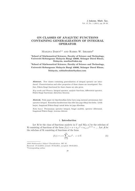 Pdf On Classes Of Analytic Functions Containing Generalization Of Integral Operator