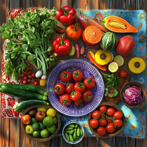 테이블 위에 많은 과일과 채소가 놓인 정면 보기입니다