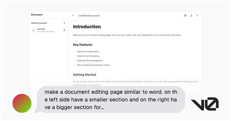 make a document editing page similar to word on the left side have a