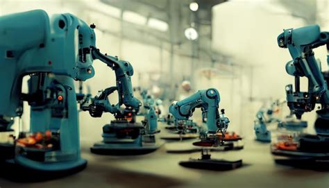 글로벌 생산의 현대 공장 산업용 로봇 로봇 팔 기술 진화의 3d 내부 조립 라인 프리미엄 사진