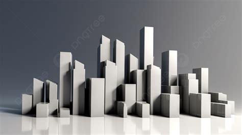 회색 배경에 서 있는 다양한 도시 건물의 개요 상승 추세 화살표로 비즈니스 성장 개념을 개선하는 3d 격리 막대 차트 통계 예측 재정적 이익 배경 일러스트 및 사진