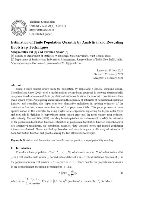 Pdf Estimation Of Finite Population Quantile By Analytical And Re Scaling Bootstrap Techniques