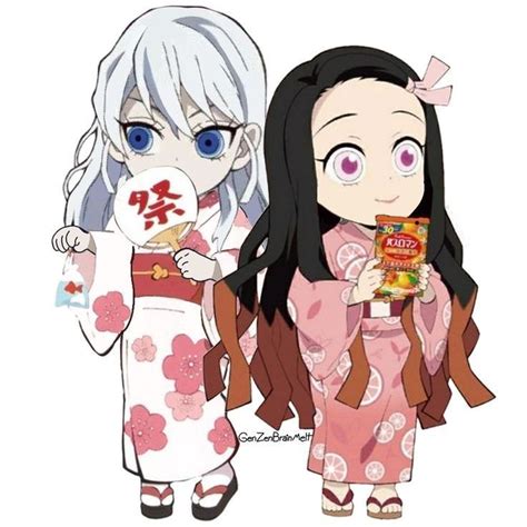 Two Anime Characters Are Standing Next To Each Other And One Is Holding A Candy Bar