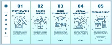 모바일 웹 페이지 벡터 템플릿온보딩 고고학 방법 보물 찾기 선형 일러스트와 응답 스마트 폰 웹 사이트 인터페이스 아이디어 웹 페이지 연습 단계 화면입니다 색상 컨셉 보물