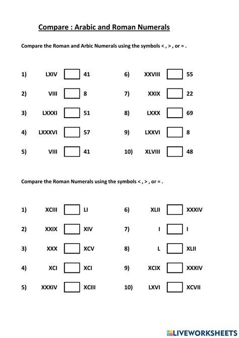 roman numerals worksheet compare roman numerals