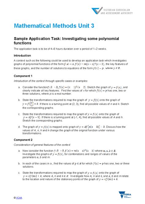 sample application task investigating some polynomial functions © vcaa mathematical methods