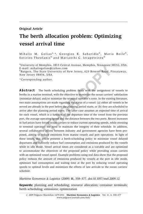 Pdf The Berth Allocation Problem Optimizing Vessel Arrival Time