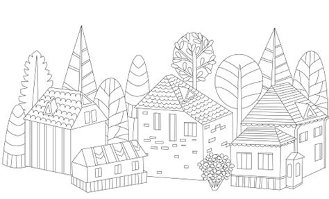 귀여운 집이있는 윤곽선 그리기 마을은 색칠 공부를 위해 멋진 나무로 둘러싸여 있습니다 성인에 대한 스톡 벡터 아트 및 기타 이미지 성인 컬러링 북 페이지 일러스트레이션